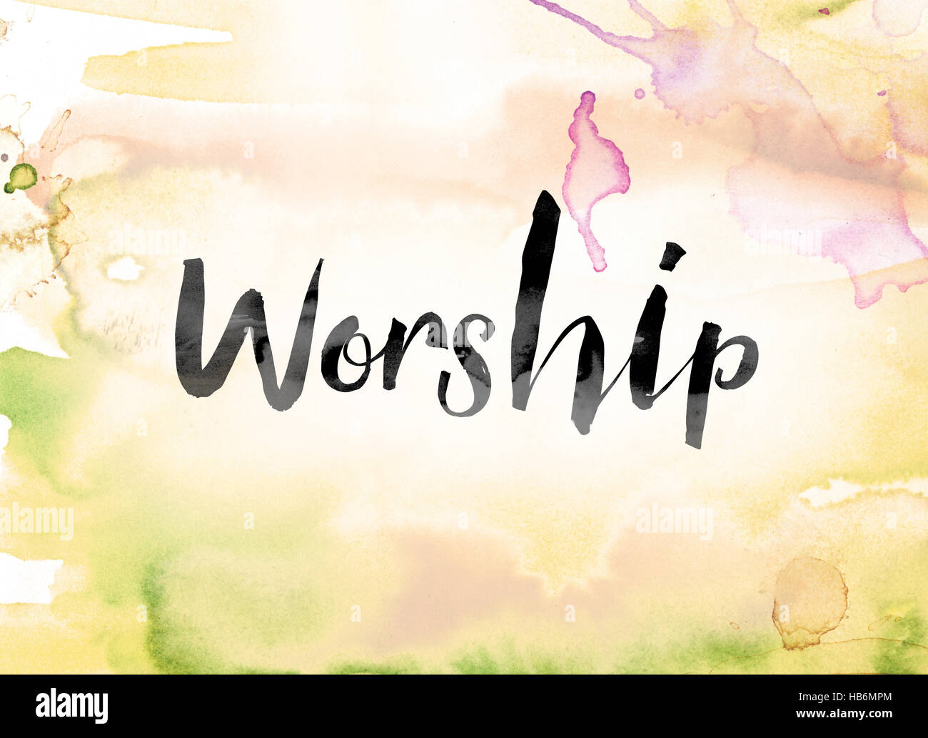 The word "Worship" painted in black ink over a colorful watercolor ...