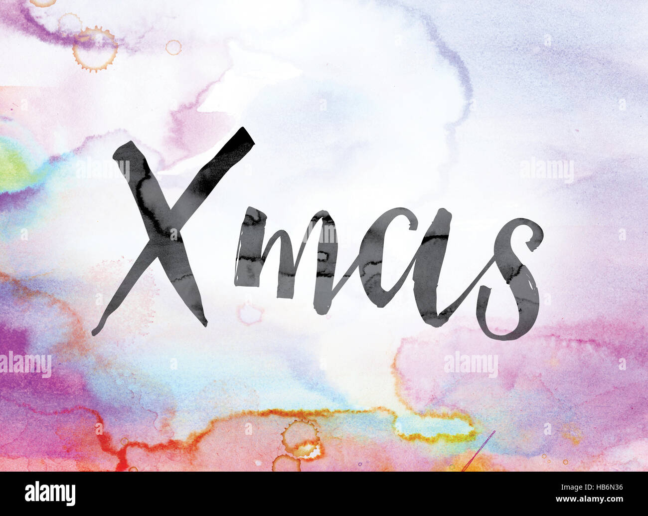 The word "Xmas" painted in black ink over a colorful watercolor washed ...