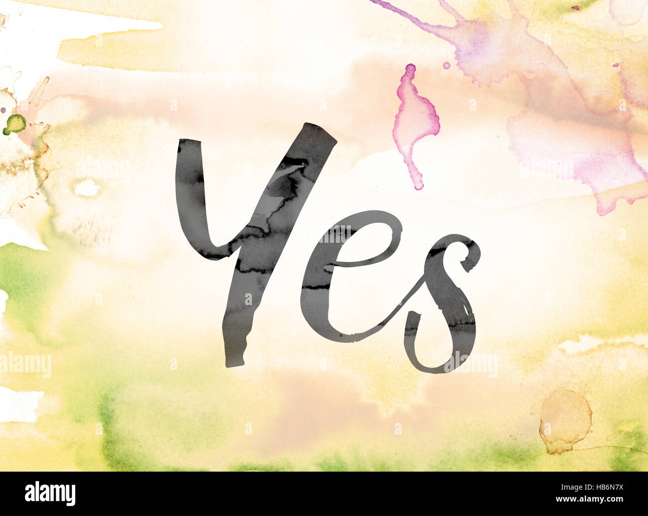 The word "Yes" painted in black ink over a colorful watercolor washed ...