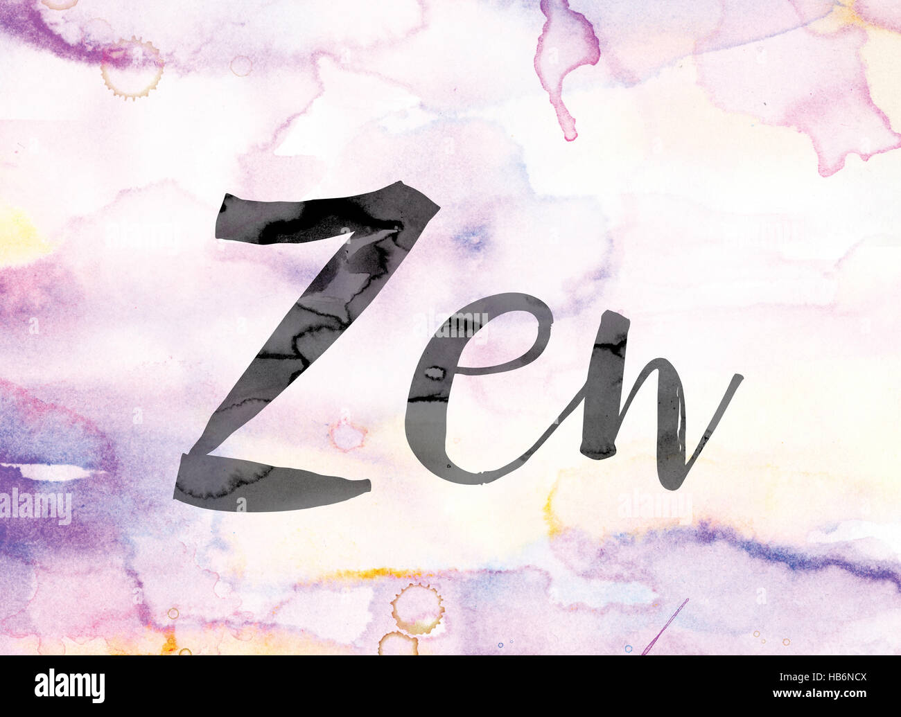 The word "Zen" painted in black ink over a colorful watercolor washed ...