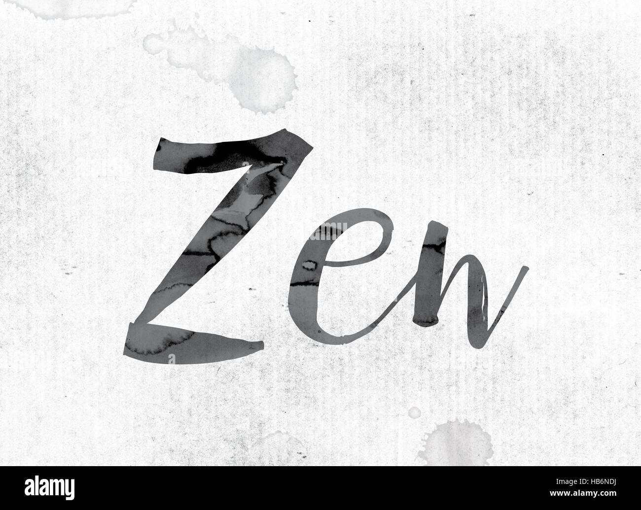 The word "Zen" concept and theme painted in watercolor ink on a white ...