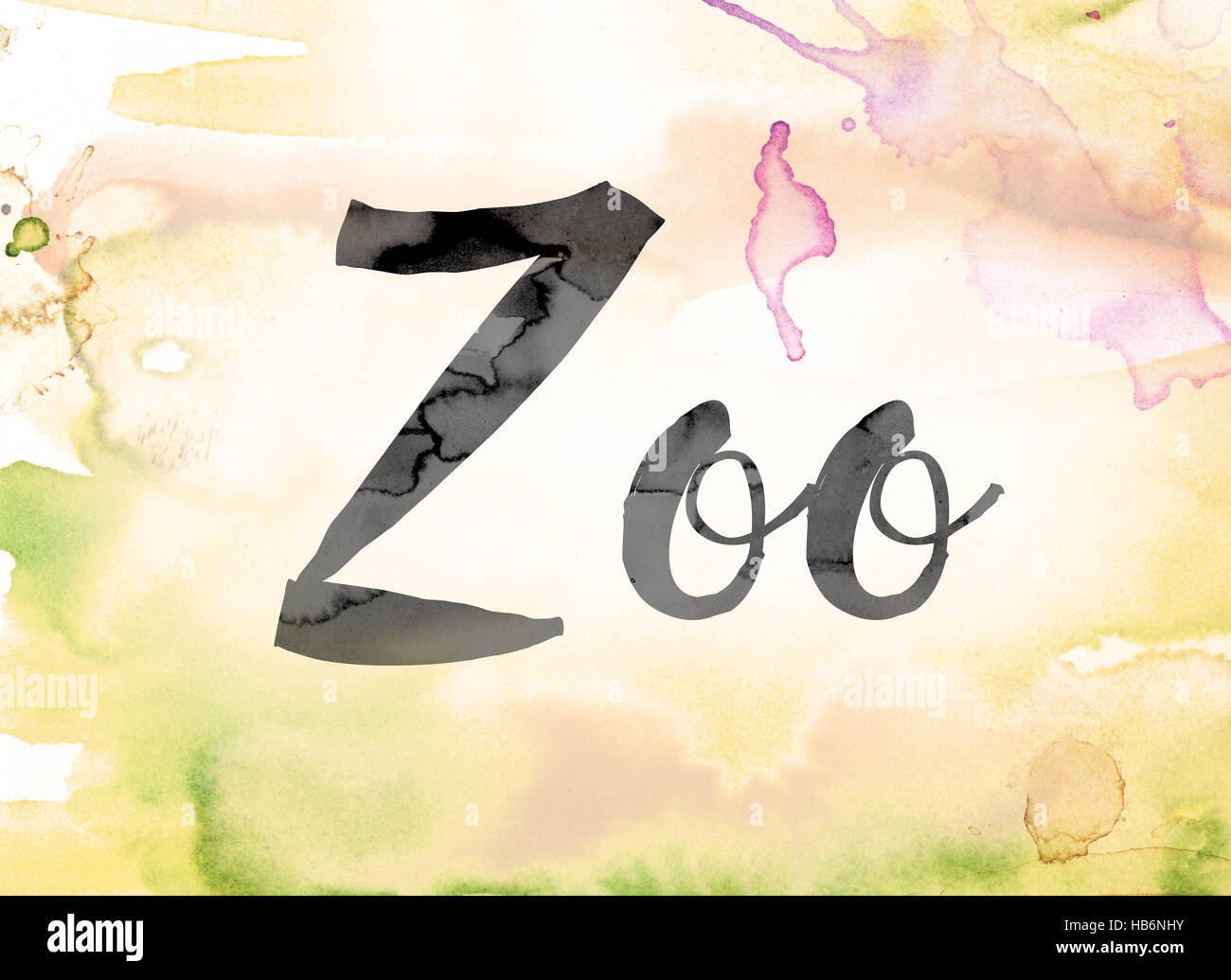 The word "Zoo" painted in black ink over a colorful watercolor washed ...