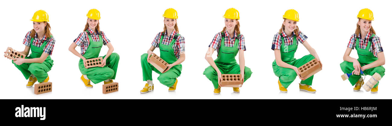 Woman with bricks isolated on white Stock Photo - Alamy