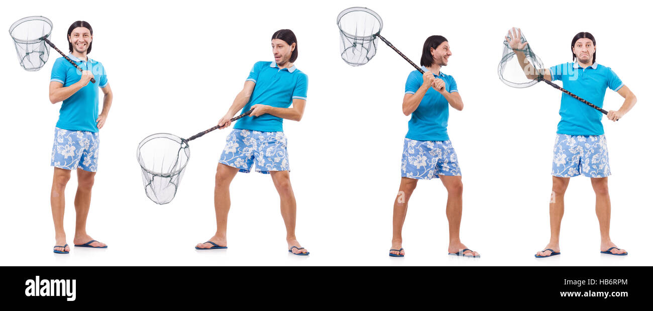 Man with big catching net isolated on white Stock Photo - Alamy