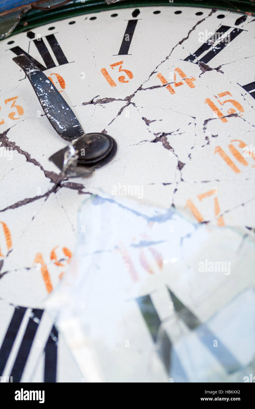 Close up detail of an old damaged retro clock, with broken face, hands ...