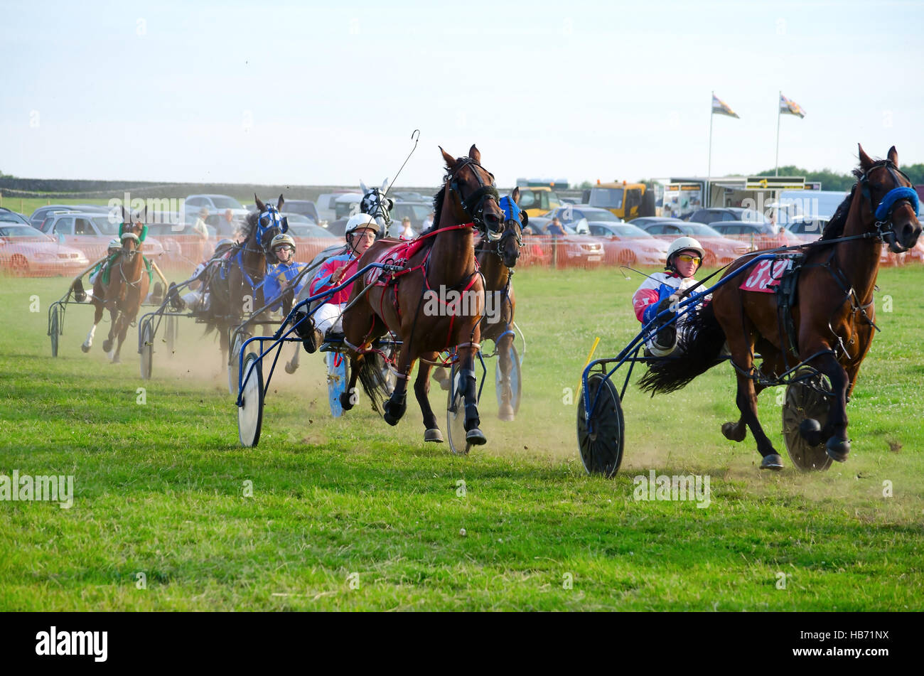 A harness race held at Pikehall. Light-weight two-wheeled carts, Sulkys ...