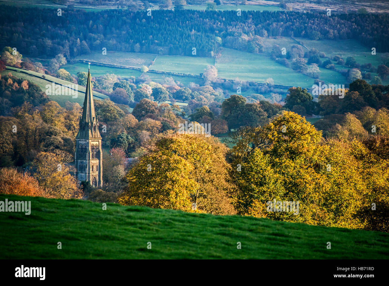View towards Edensor Church, Chatsworth, Derbyshire Stock Photo - Alamy