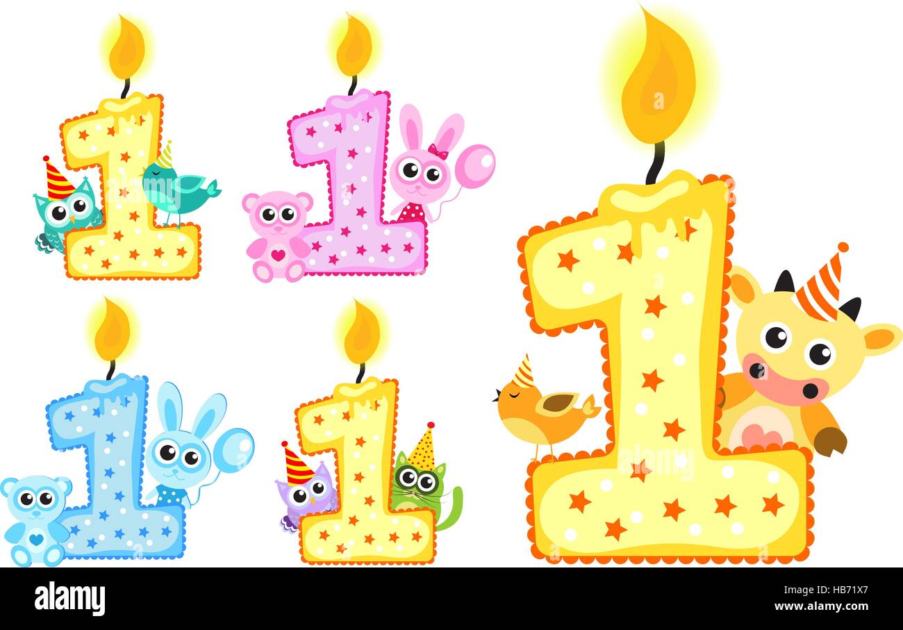Set Happy First Birthday Candle and Animals Isolated on white ...