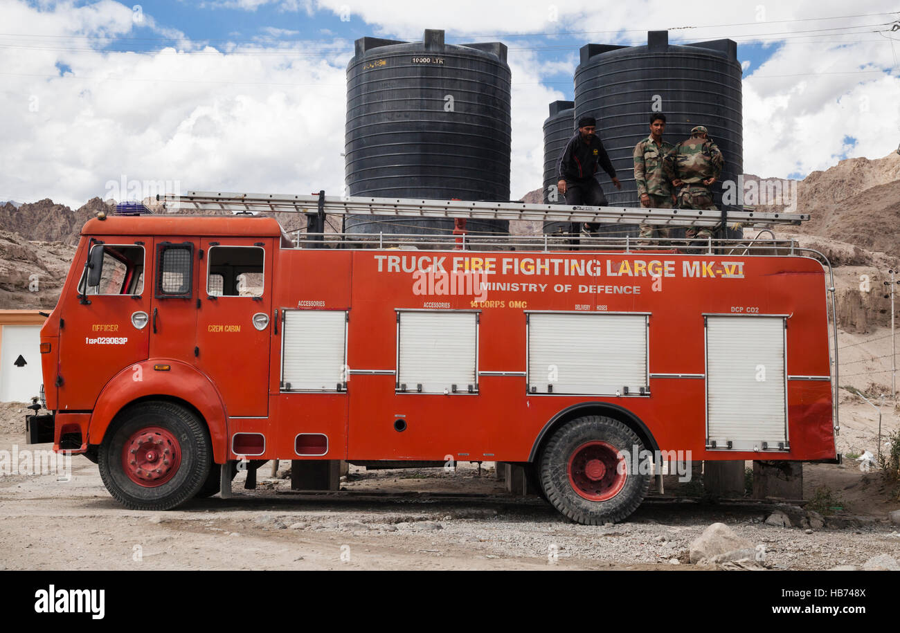 Indian army fire truck replenishing water. Ladakh, India Stock Photo ...