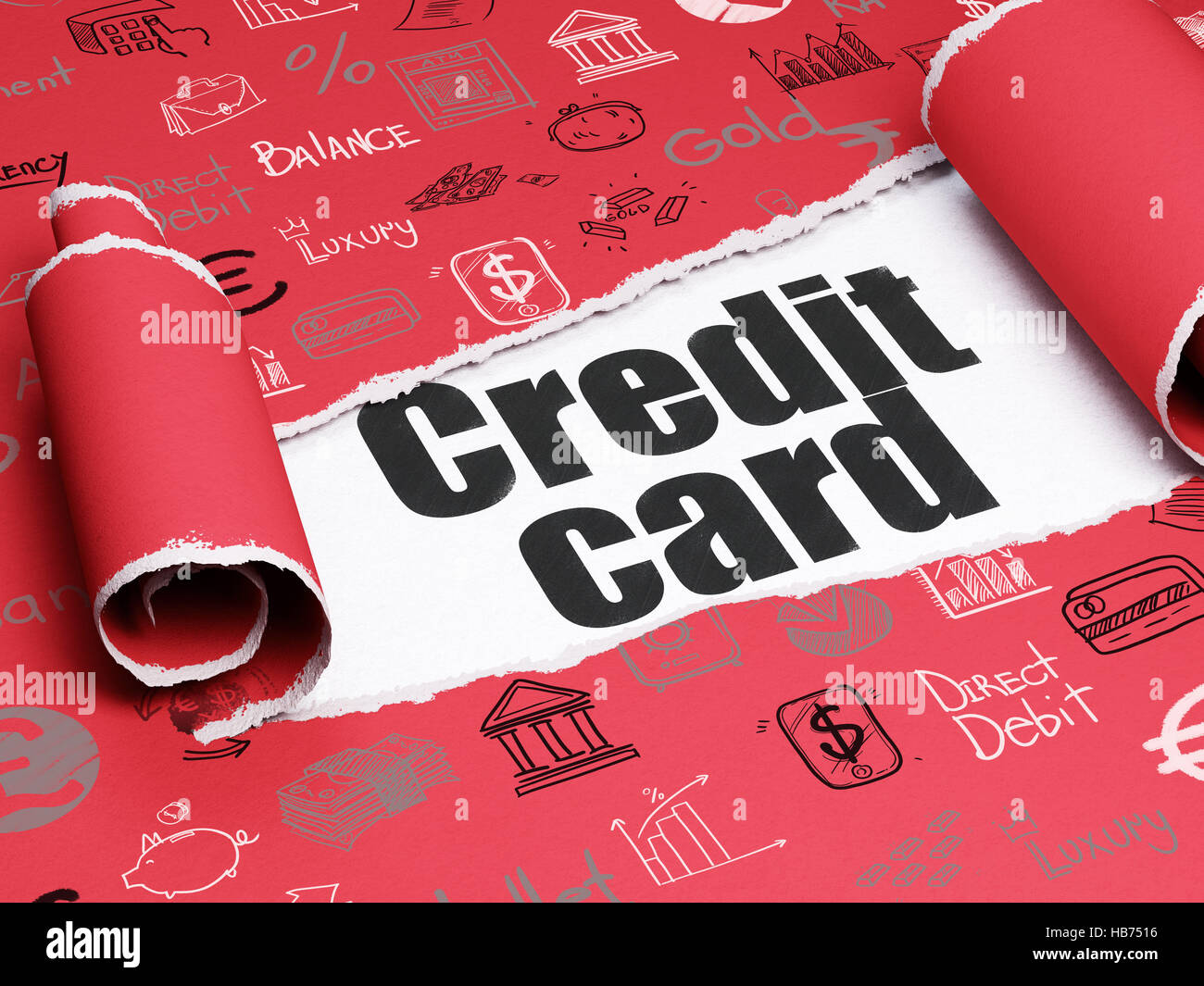 Banking concept: black text Credit Card under the piece of torn paper ...