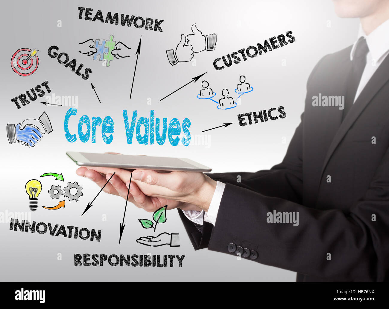 Core Values concept, young man holding a tablet computer Stock Photo ...
