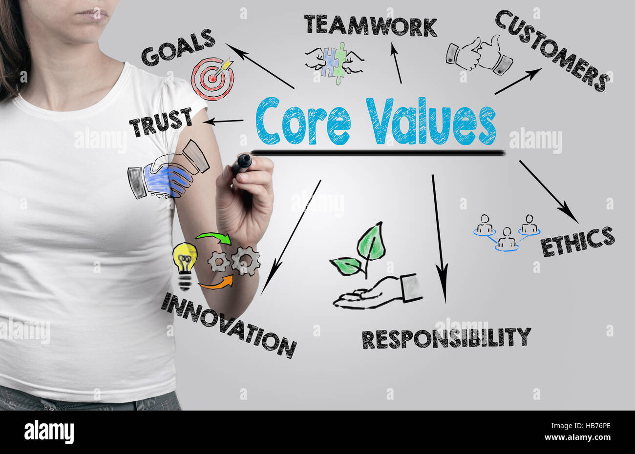 Beautiful woman writing - Core Values concept. gray background Stock ...