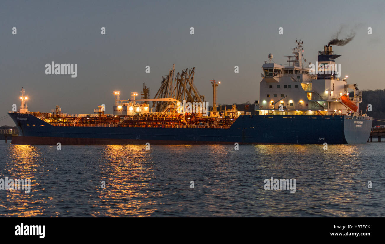 A tanker at night alongside the Valero Terminal, Milford Haven ...