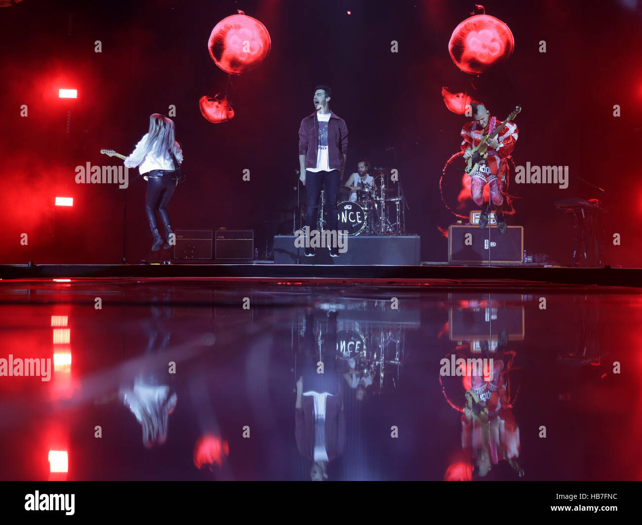 JinJoo Lee (L - R), Joe Jonas, Jack Lawless and Cole Whittle of DNCE ...