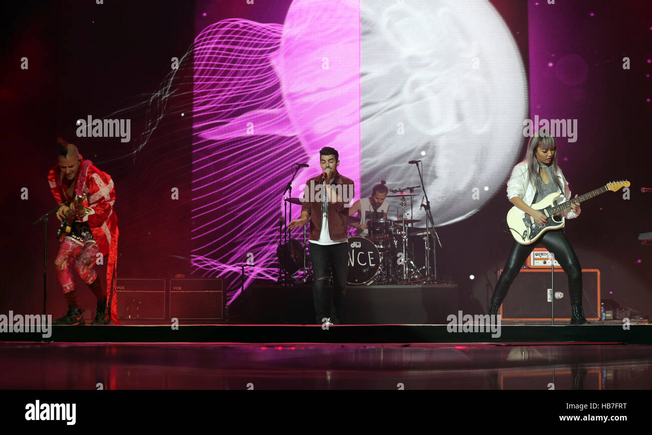 Cole Whittle (L - R), Joe Jonas, Jack Lawless and JinJoo Lee of DNCE ...