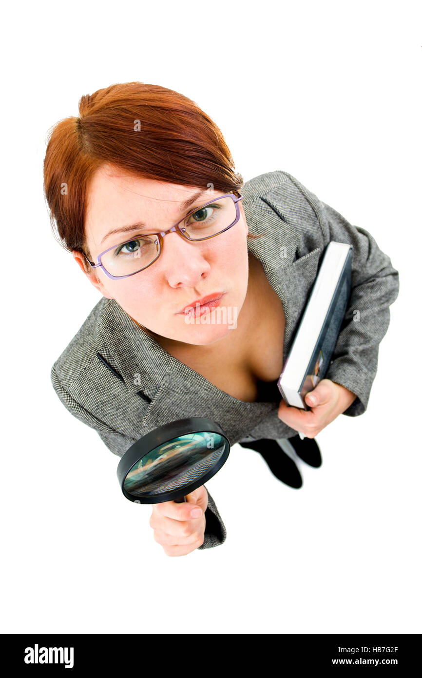 woman looking into a magnifier Stock Photo - Alamy