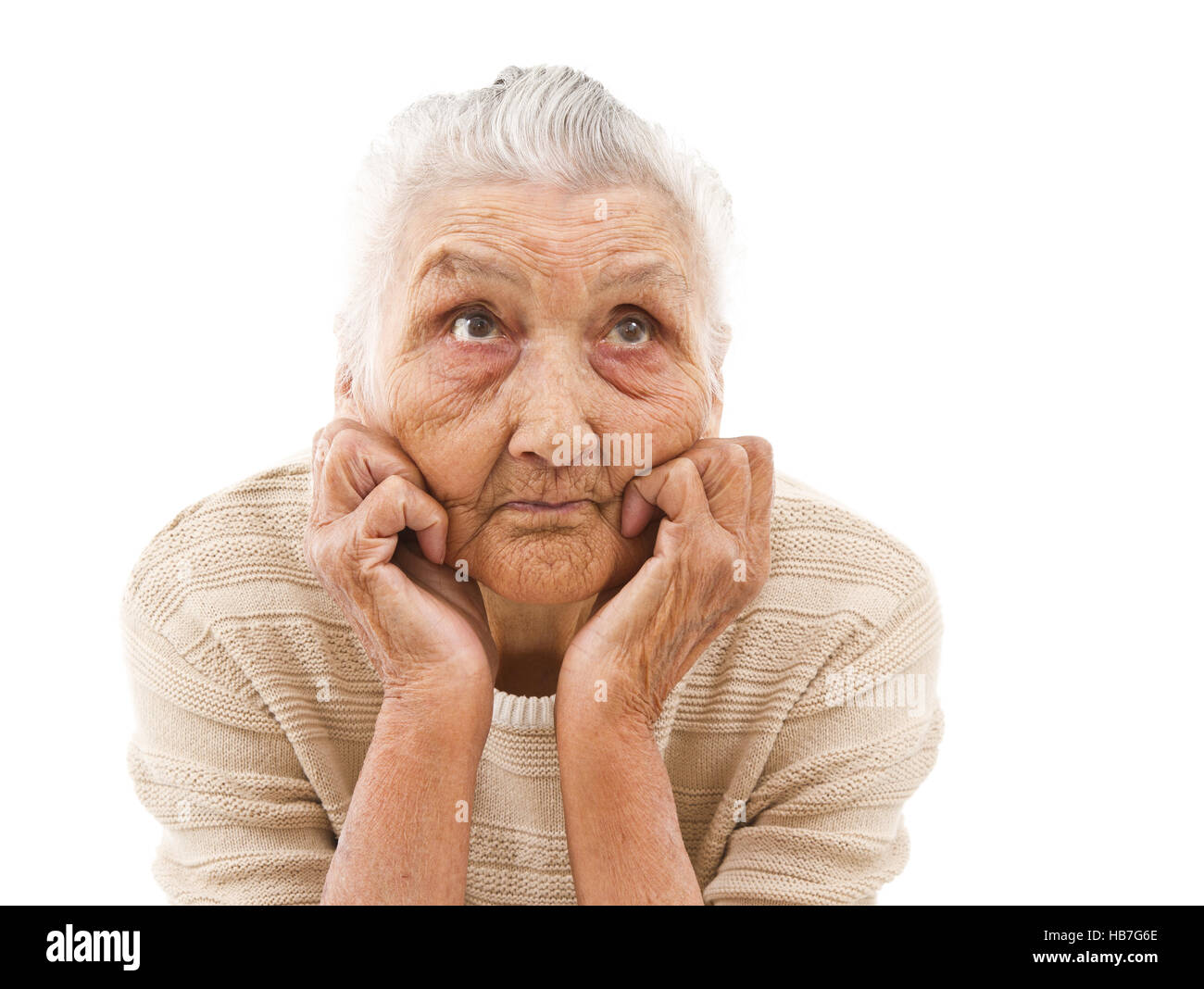 very old lady contemplating on an isolated background Stock Photo - Alamy