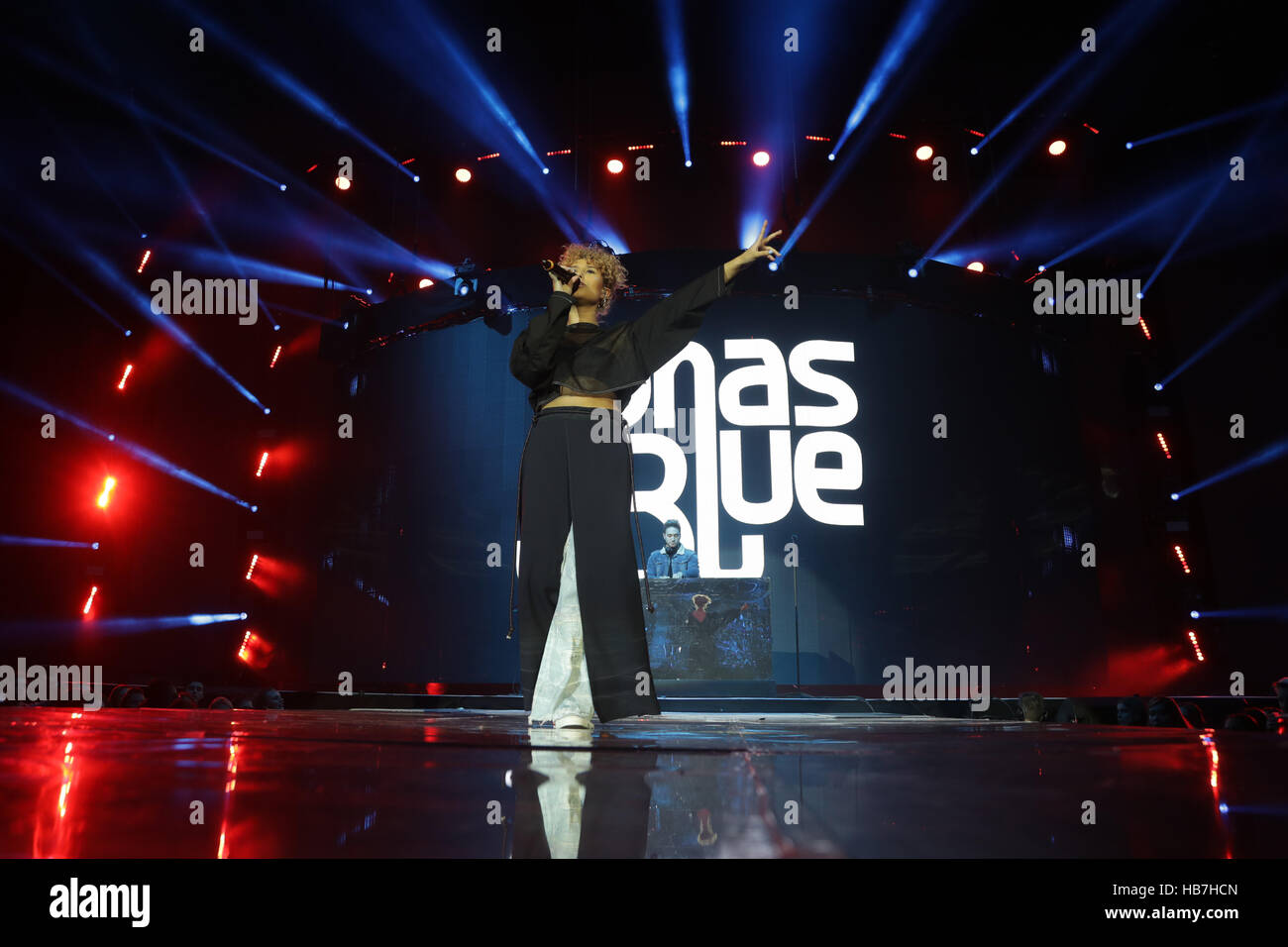 Singer Raye performs on stage with Jonas Blue during Capital's Jingle ...