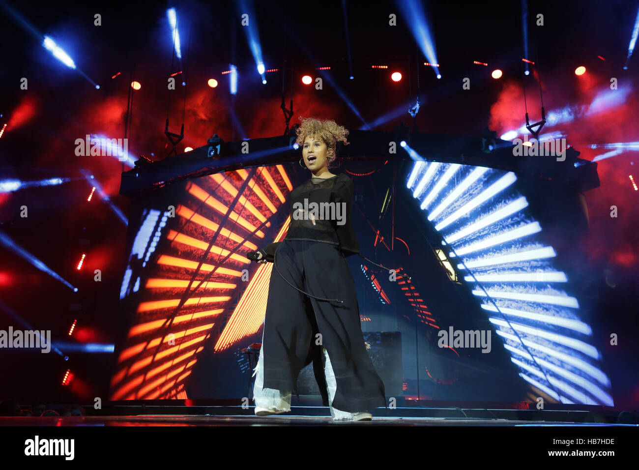 Singer Raye performs on stage with Jonas Blue during Capital's Jingle ...