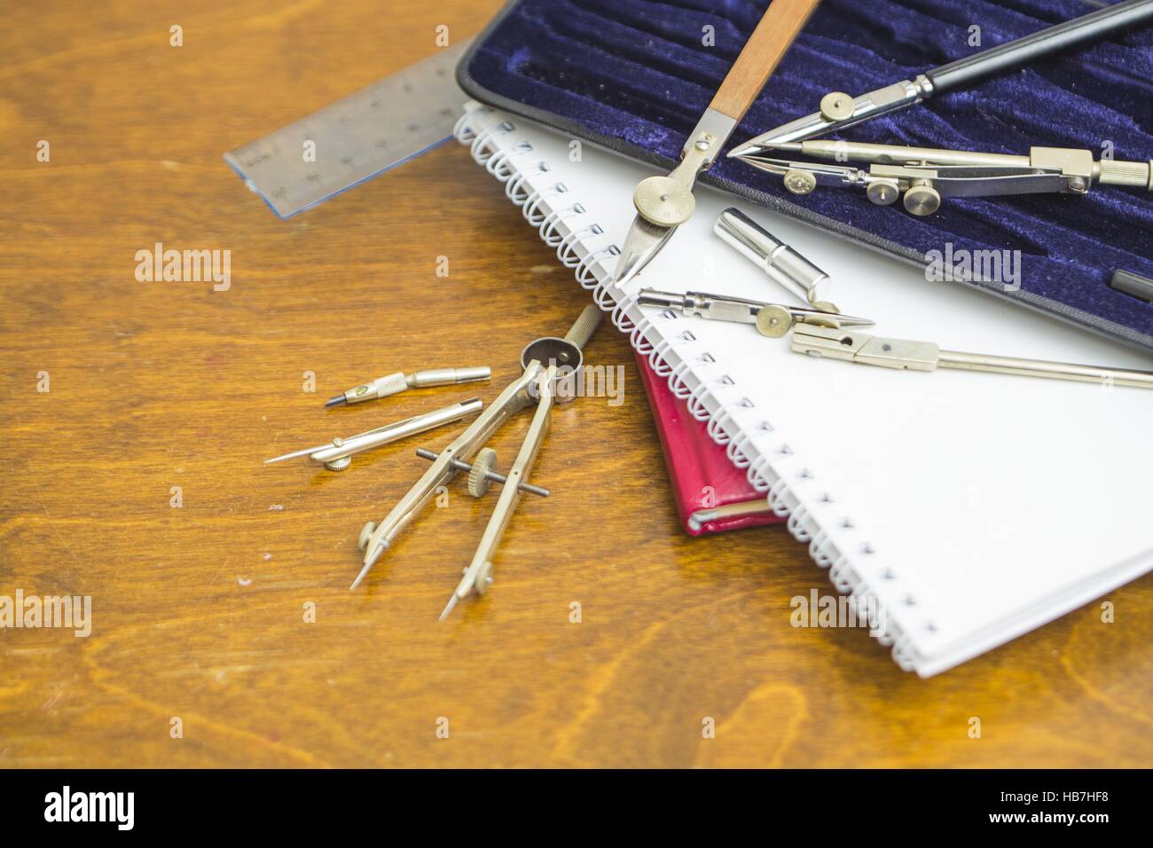 Scale and many other architectural tools with notebook Stock Photo - Alamy