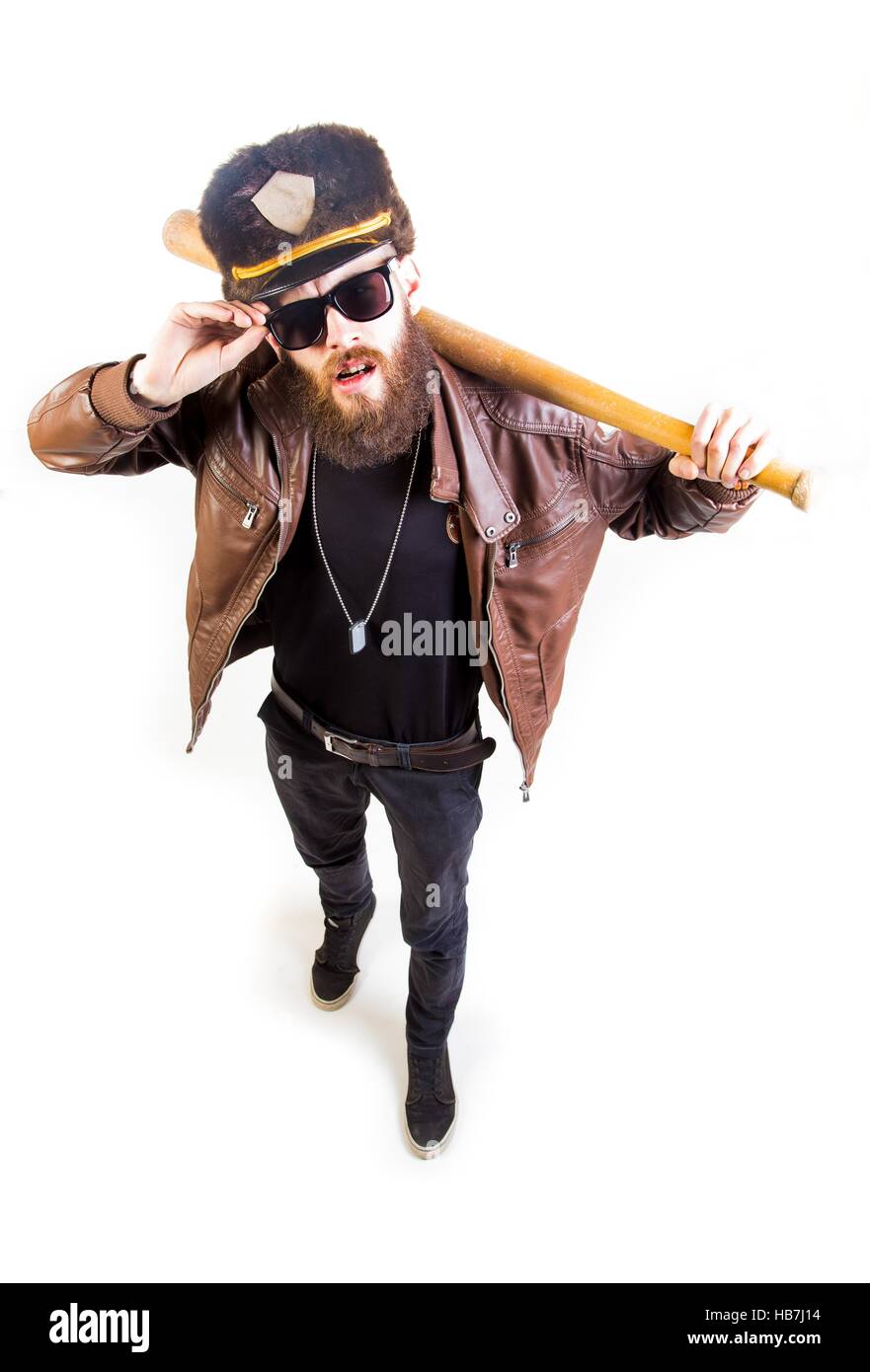 Weird cop with sunglasses holding a baseball bat on white background ...