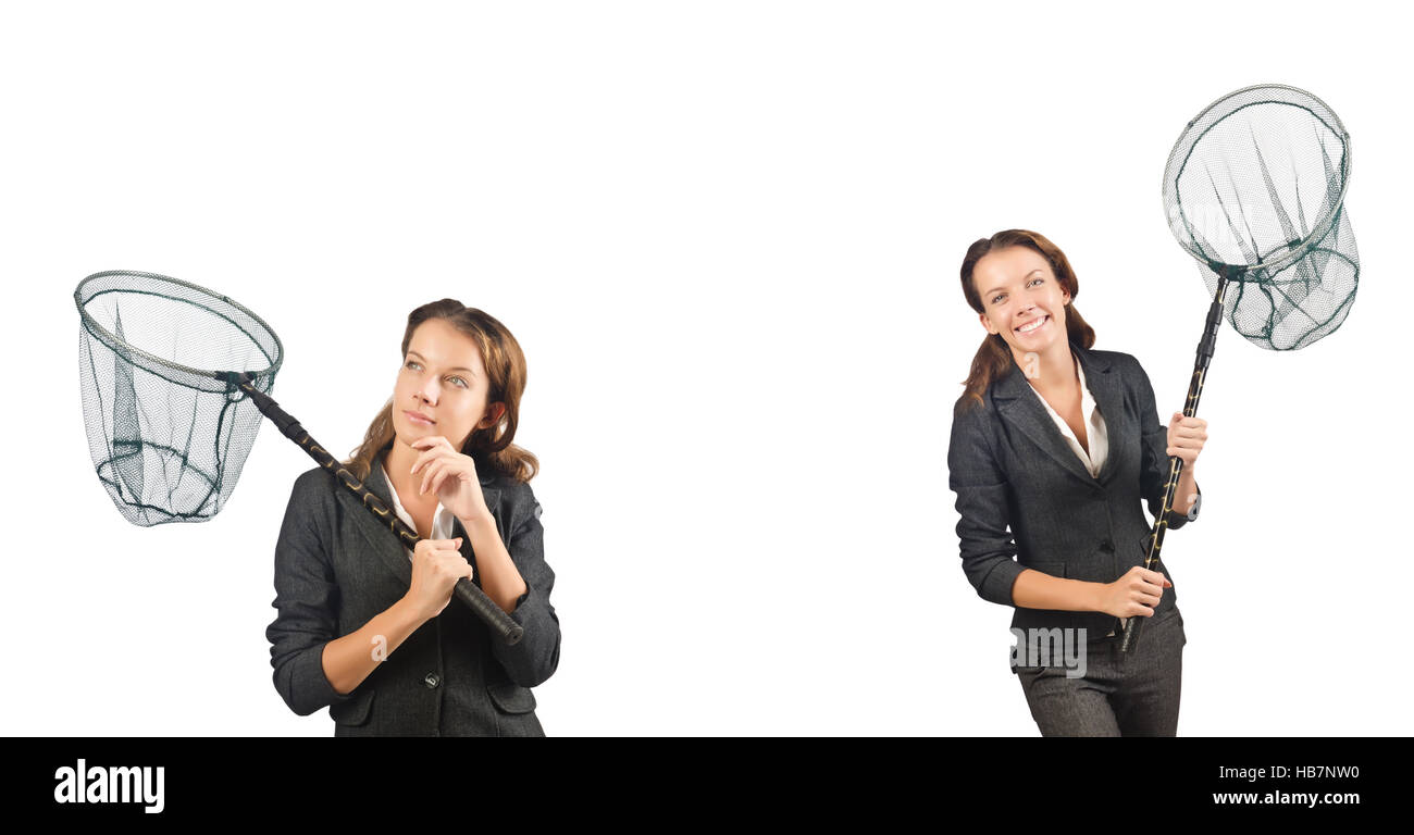 Woman with net isolated on white Stock Photo - Alamy