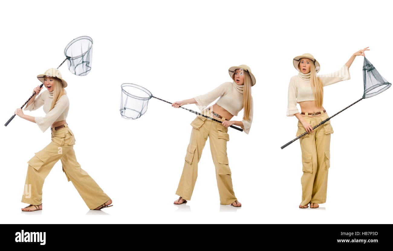 Woman with catching net on white Stock Photo - Alamy
