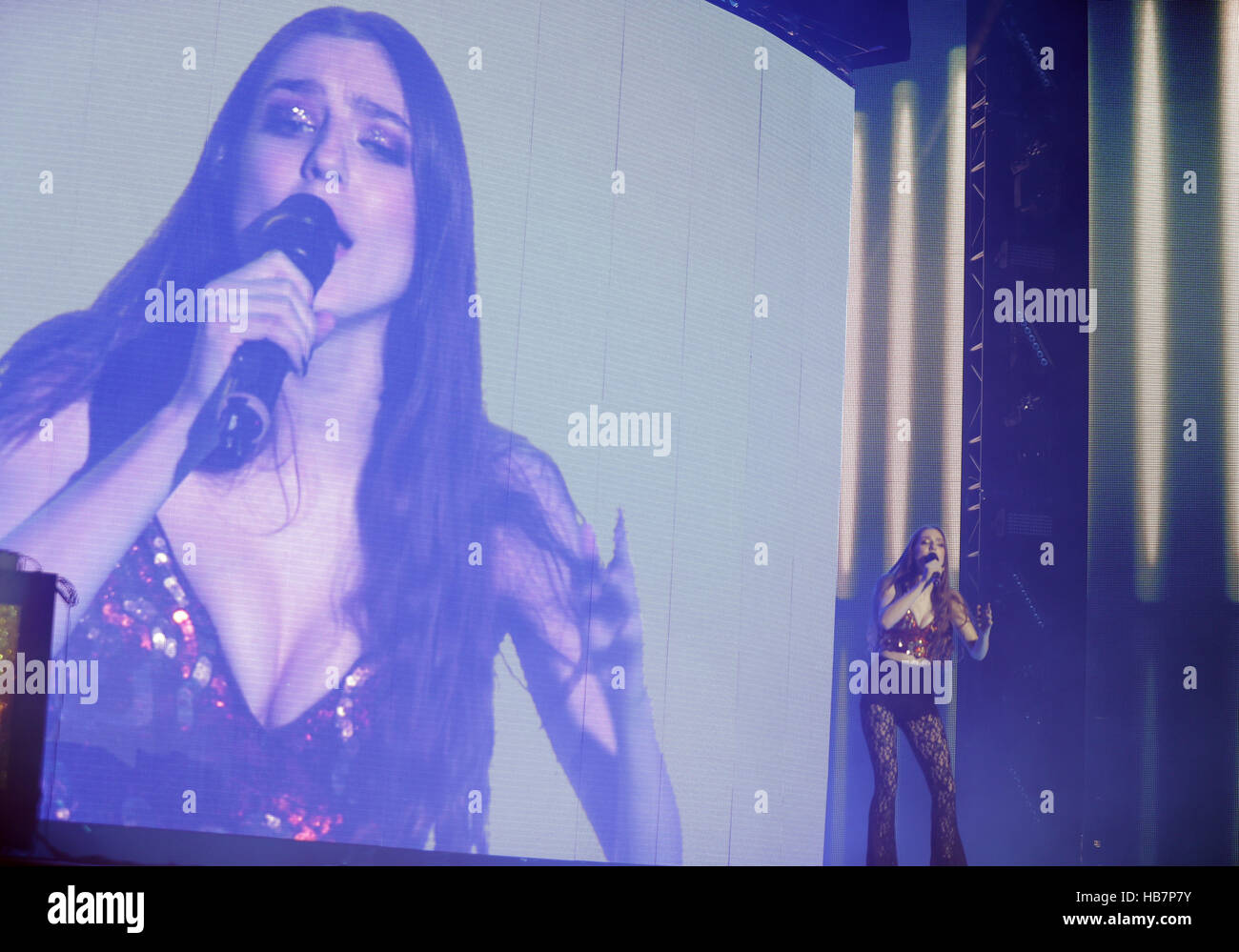 Singer Birdy performs with Sigma on stage at Capital's Jingle Bell Ball ...