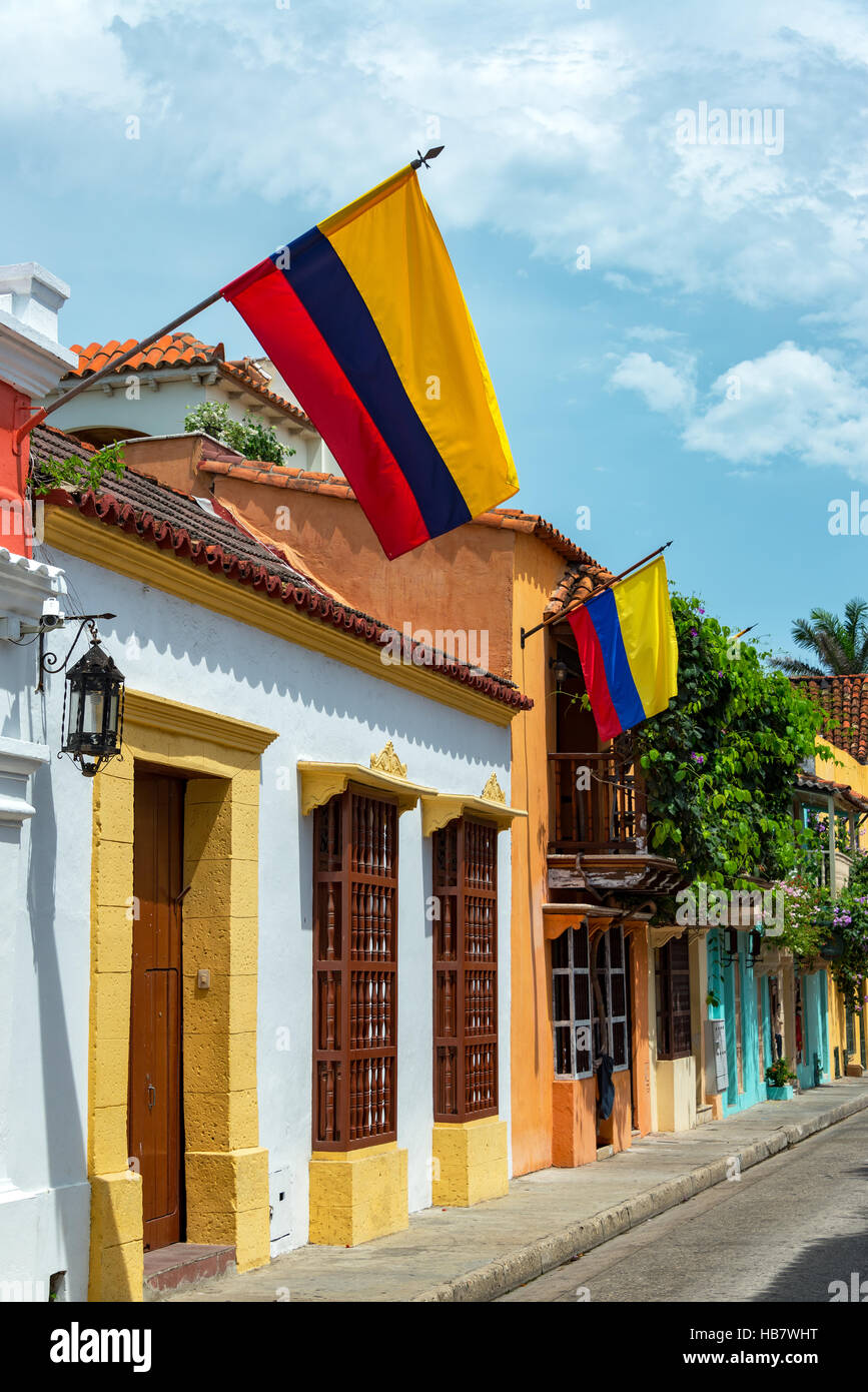 Colombian flags on historic colonial buildings in the walled city of ...