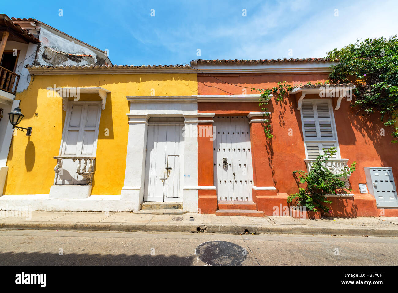 Historic colonial buildings in the walled city of Cartagena, Colombia ...