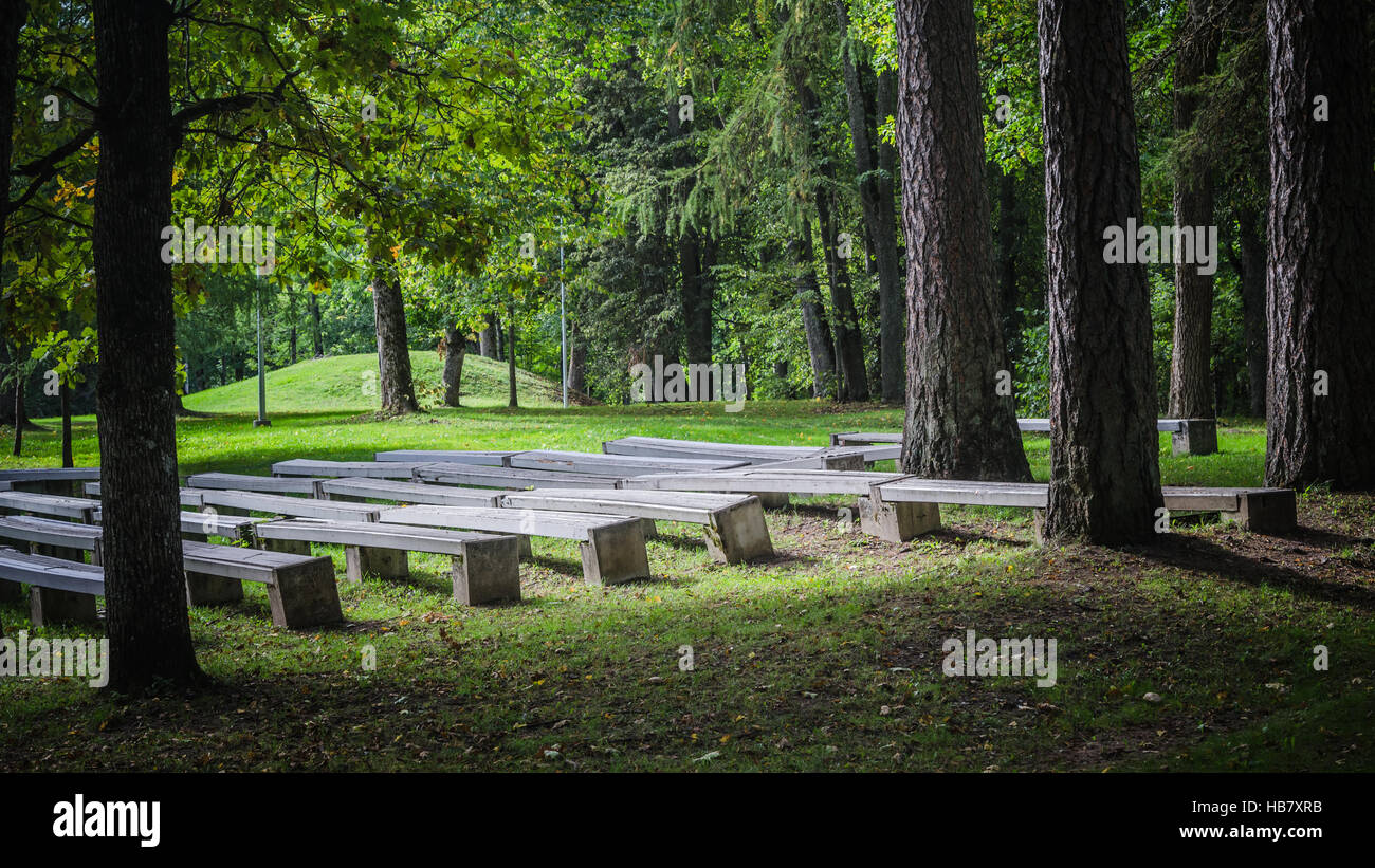 Benches in old park, an autumn landscape Stock Photo - Alamy