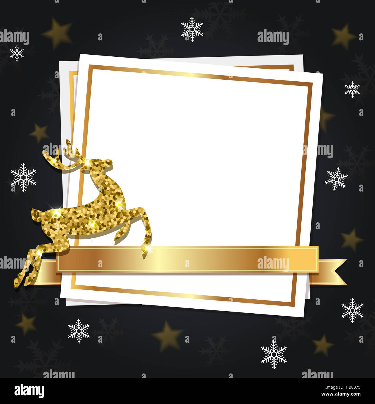 Black Christmas background with golden deer and white sheet of paper ...