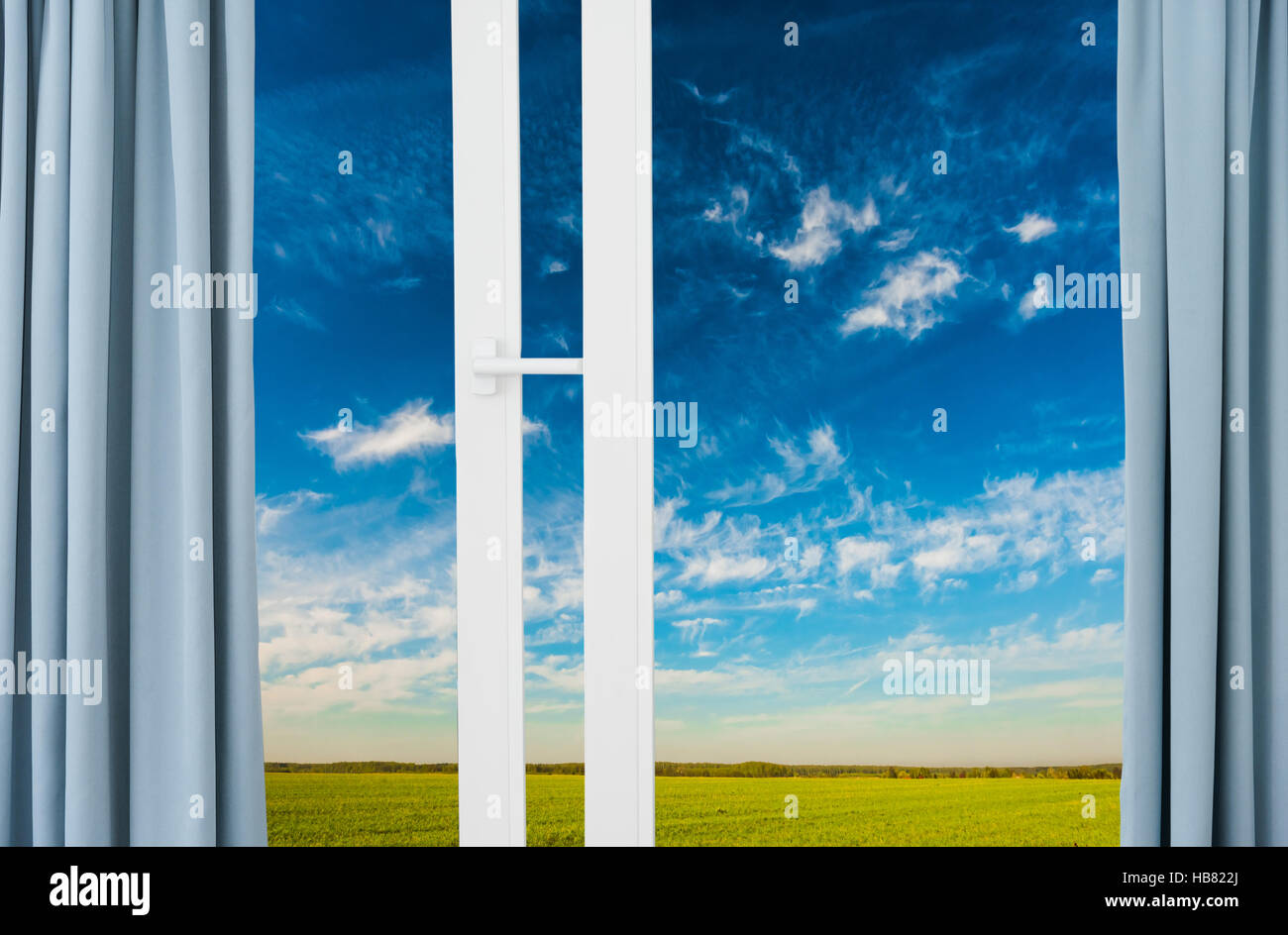 nature landscape with window with curtains Stock Photo - Alamy
