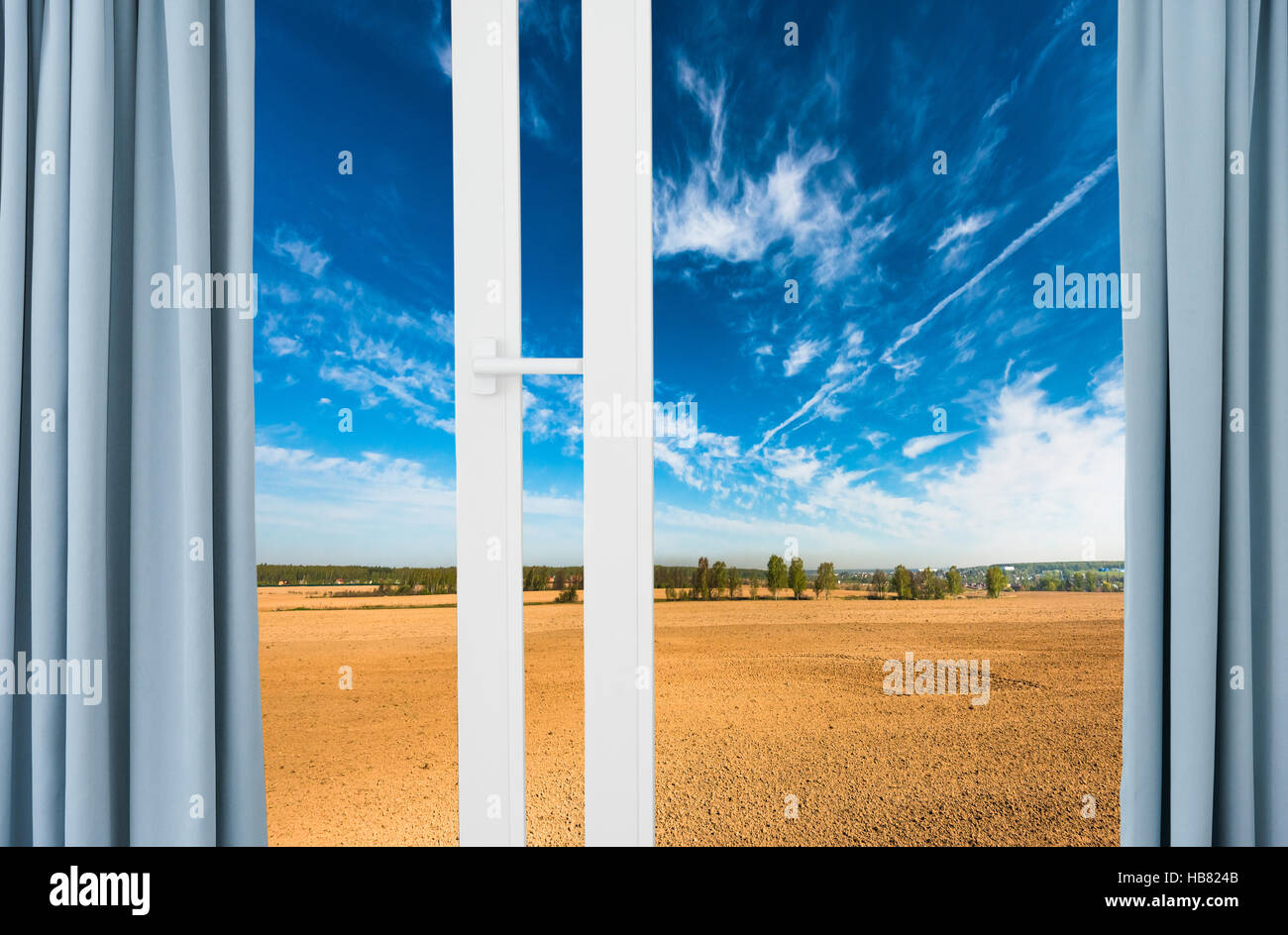 nature landscape with window with curtains Stock Photo - Alamy