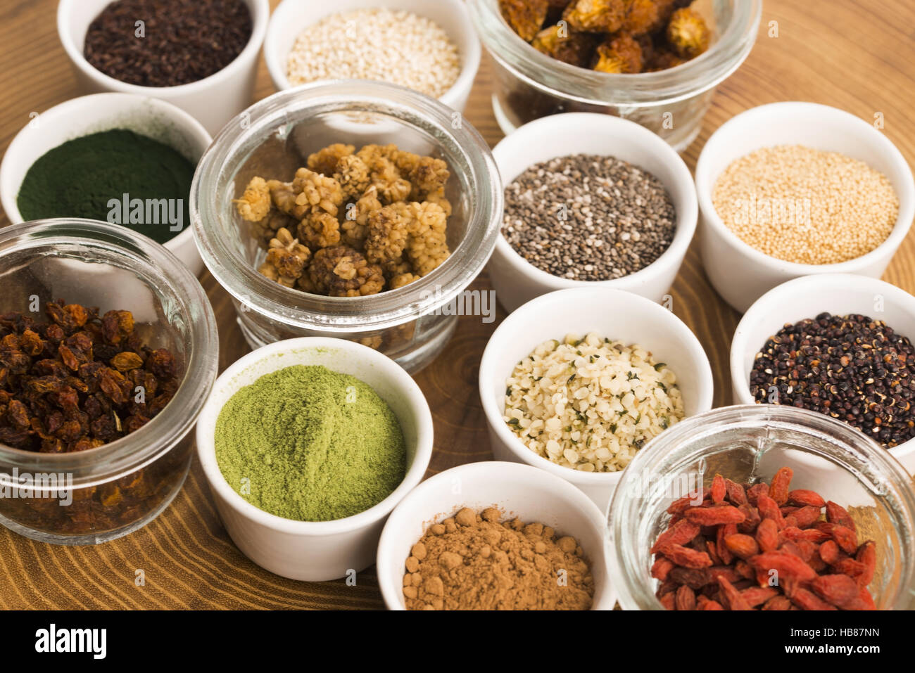 bowls of various superfoods Stock Photo - Alamy