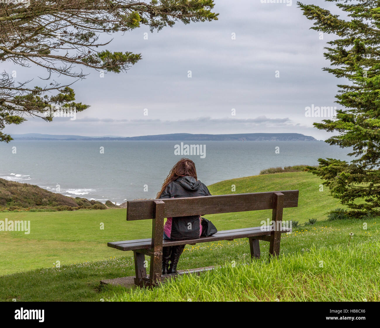 Young lady looking out to sea from a bench on the shore Stock Photo - Alamy