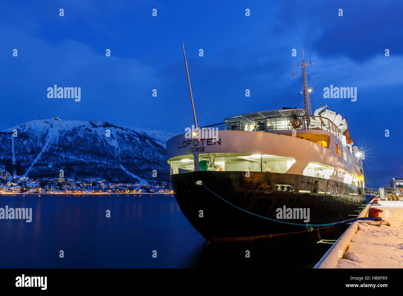 Hurtigruten MS Lofoten docked at harbor, winter, dawn, Tromso, Troms ...