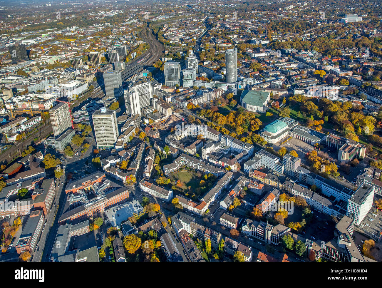 Aerial view, Huyssenallee, southern city center in front of the skyline ...
