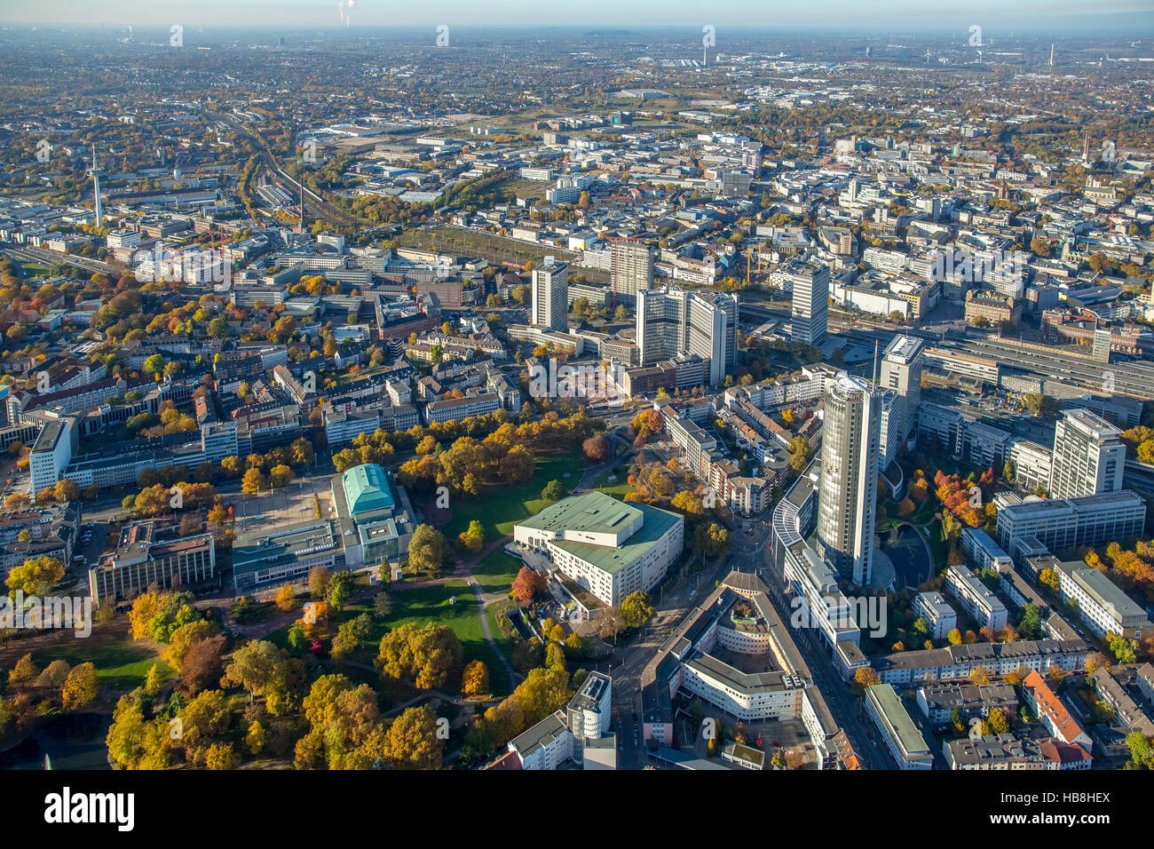 Aerial view, Huyssenallee, southern city center in front of the skyline ...