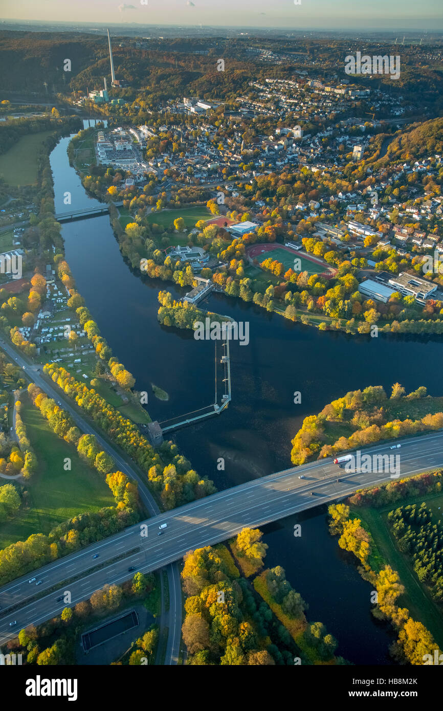 Aerial view, Ruhr confluence Volme: power plant and dam pin mill with ...