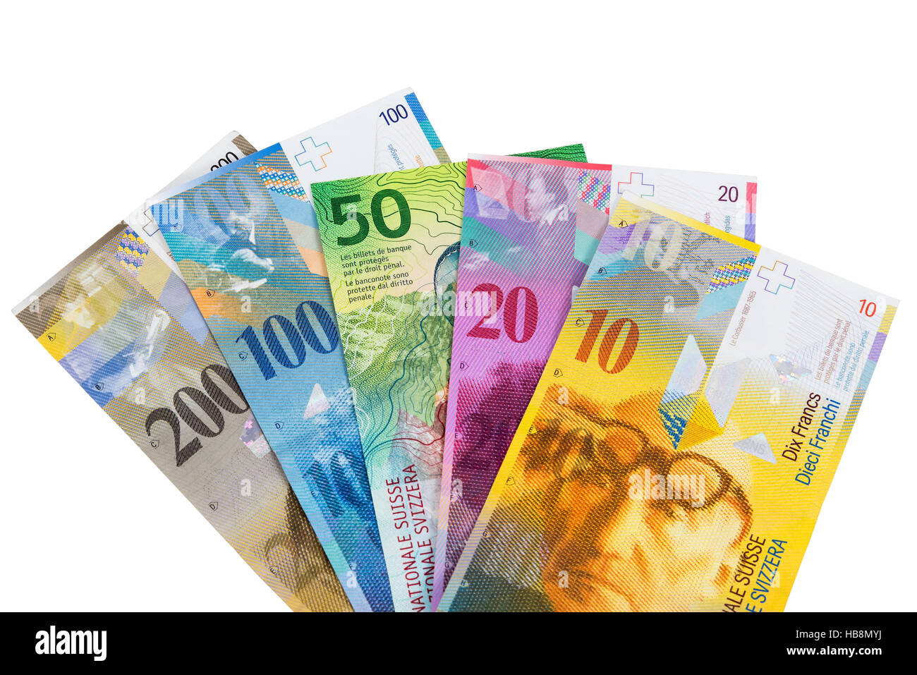 Set of swiss franc banknotes isolated on white background with clipping ...