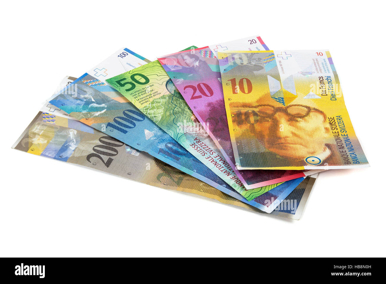 Set of swiss franc banknotes isolated on white background with clipping ...