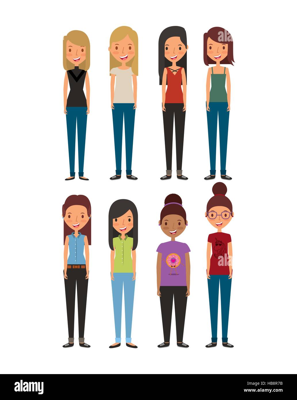 cartoon young girls standing and wearing casual clothes over white ...