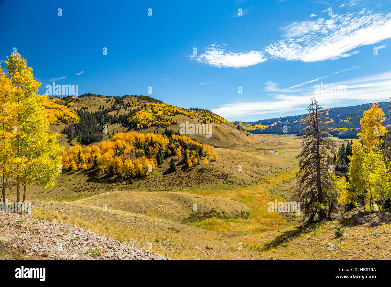 Mountain scenery with streams, valleys, and colorful trees along a ...