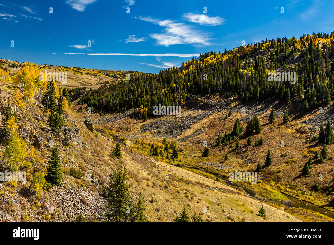 Mountain scenery with streams, valleys, and colorful trees along a ...