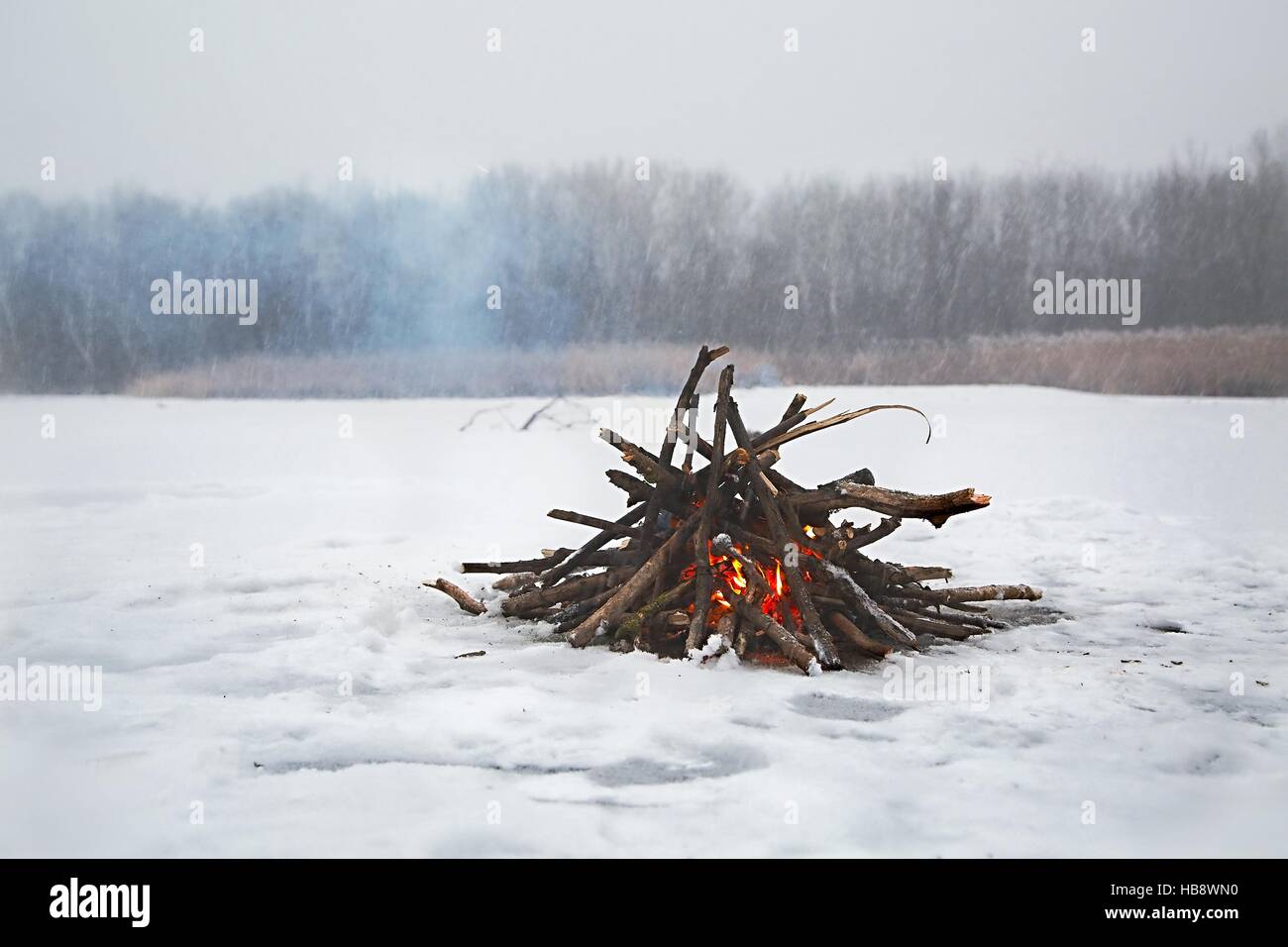 Campfire in winter Stock Photo - Alamy