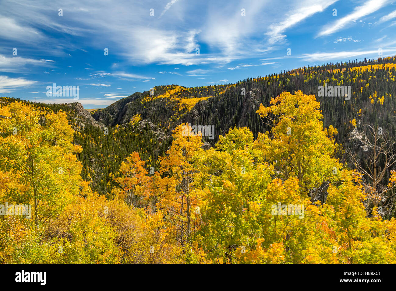 Mountain scenery with streams, valleys, and colorful trees along a ...