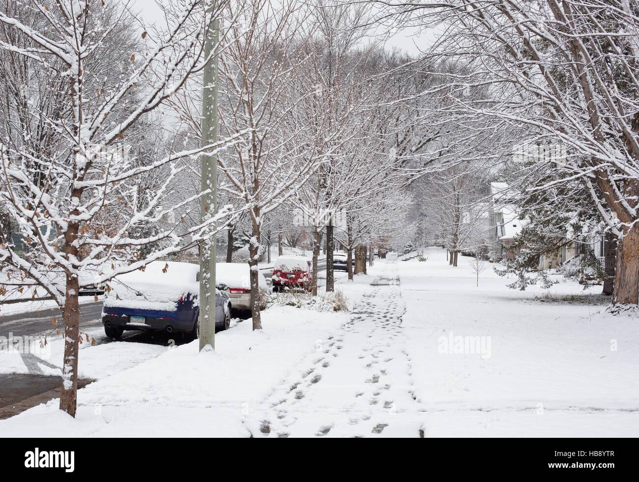 A snow covered sidewalk and street in a residential neighborhood in ...