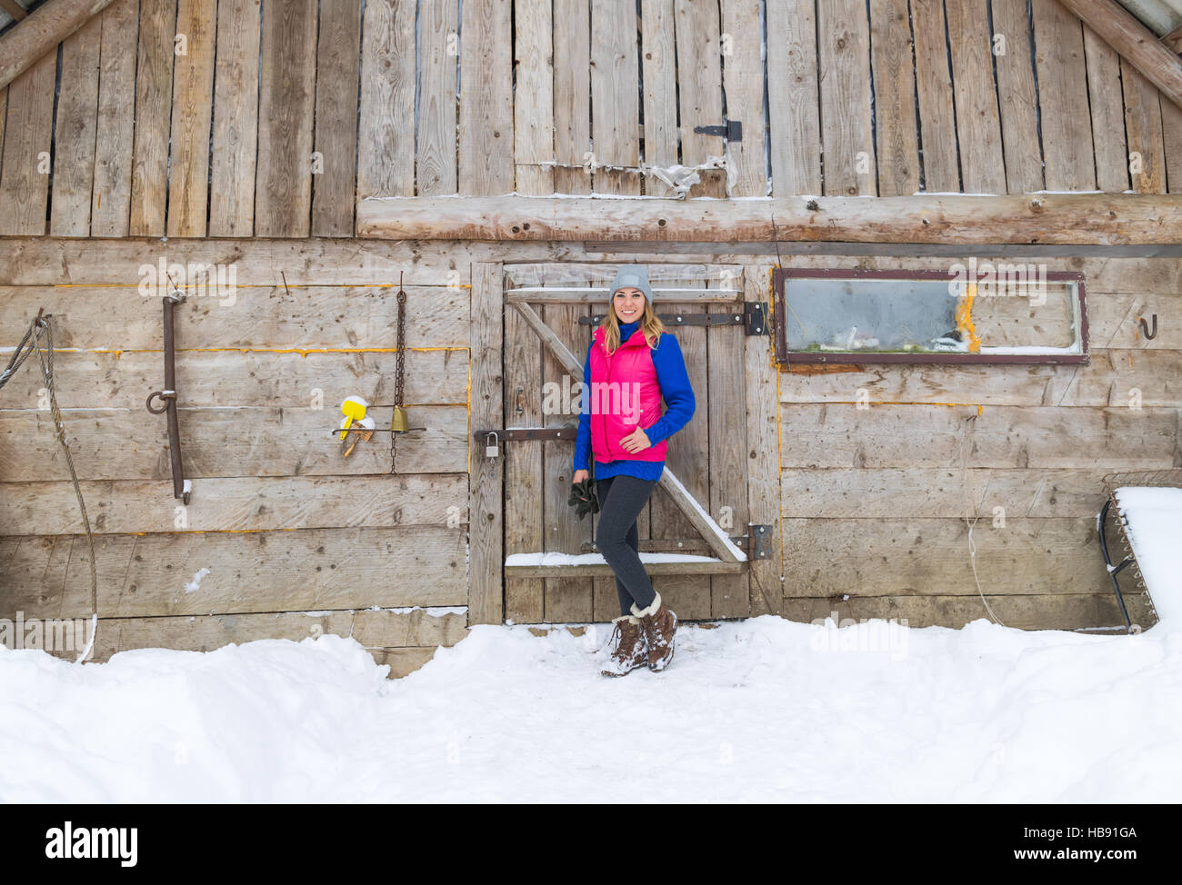 Young Woman Village Wooden Country House Exterior Happy Smiling Girl ...