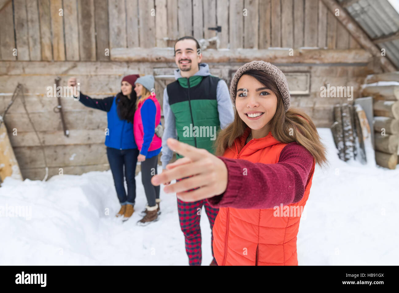 People Group Village Wooden Country House Exterior Happy Smiling ...